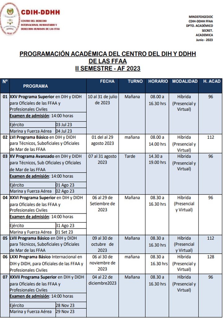 PROGRAMACIÓN ACADÉMICA DEL CENTRO DEL DIH Y DDHH DE LAS FFAA | CDIH